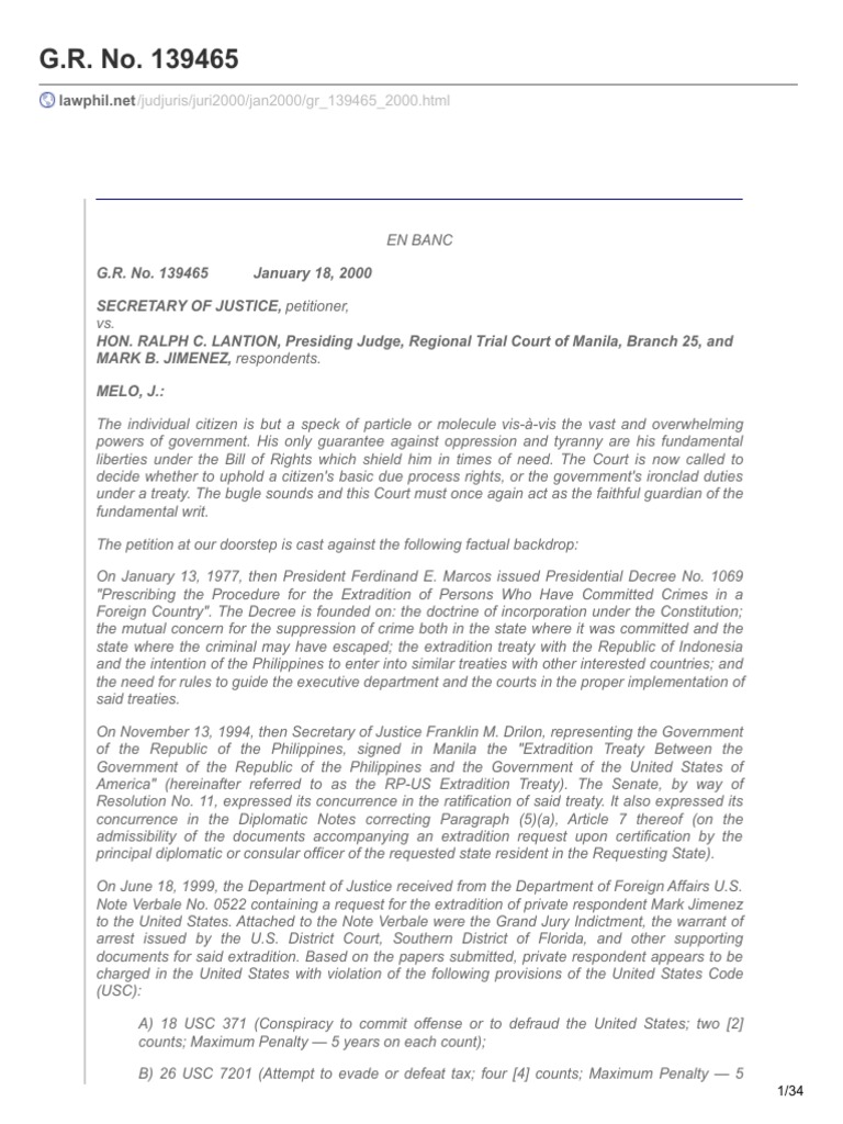GR No 139465 | Download Free PDF | Extradition | Due Process Clause