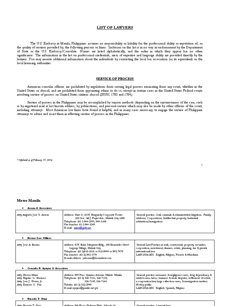 List of Lawyers in Metro Manila | PDF | Service Of Process | Lawyer