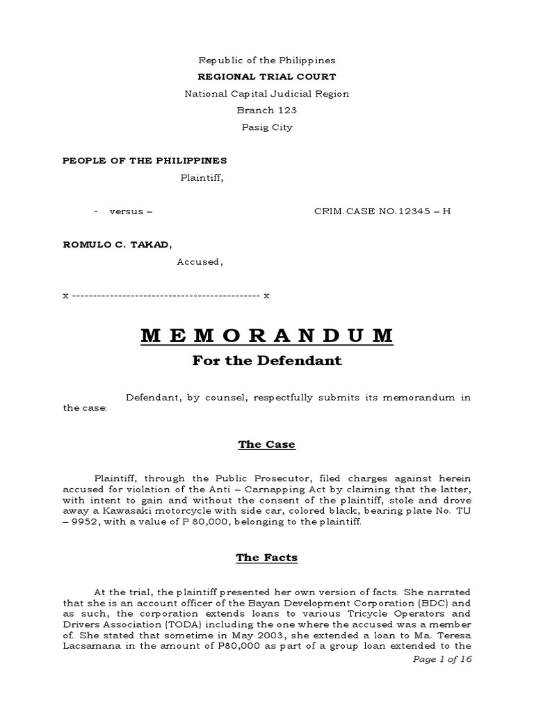 Trial Memorandum For The Defendant | PDF | Mortgage Law | Foreclosure