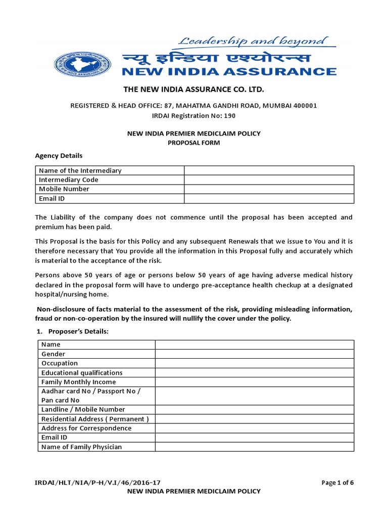 Proposal Form For New India Premier Mediclaim | PDF | Insurance ...