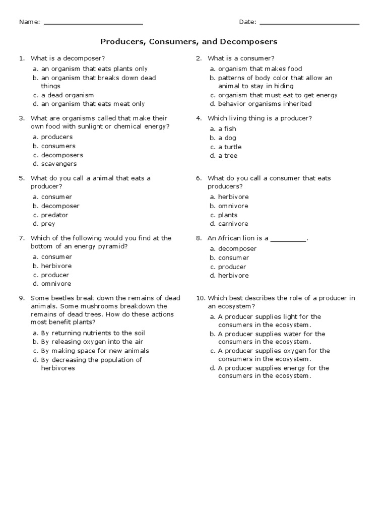 Producers, Consumers, And Decomposers (Grade 5) - Free Printable Tests ...