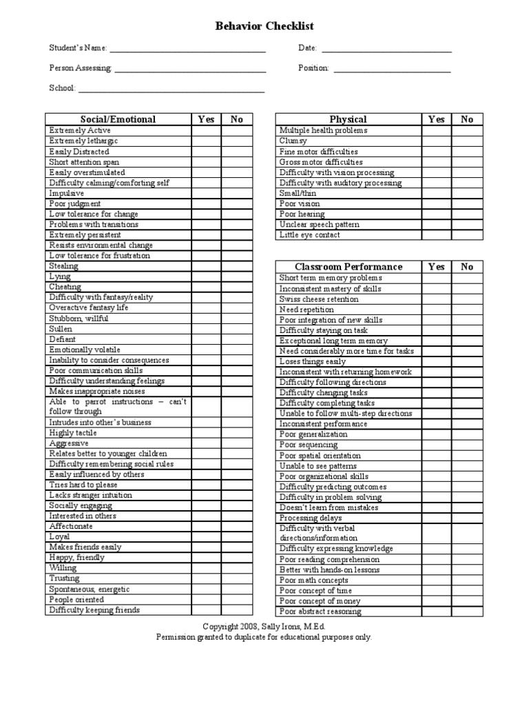Behavior Checklist | PDF | Mental Processes | Memory