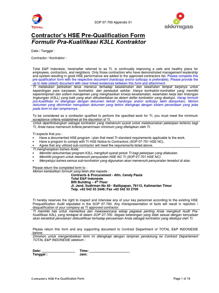 SOP 07-700 Appendix 01 - Contractor's HSE Pre-Qualification Form (BIL) | PDF