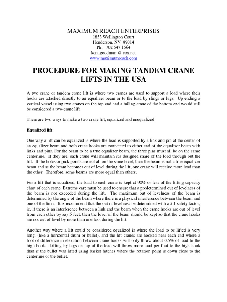 Procedure For Making Tandem Crane Lifts in The USA PDF | PDF | Crane ...
