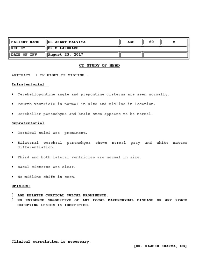 CT Scan Report for 60-Year-Old Male with No Evidence of Focal Brain ...