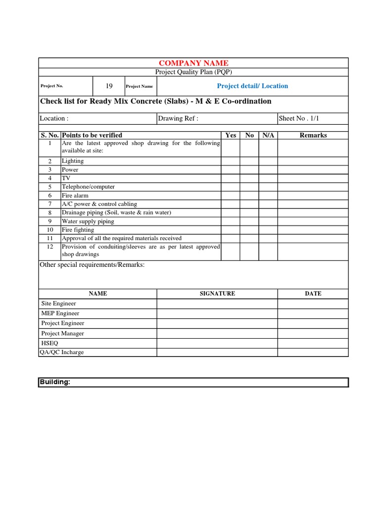 Check List For Ready Mix Concrete (Slabs) - M & E Co-Ordination | PDF