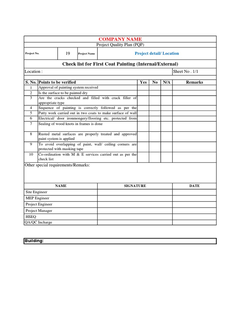 Check List For First Coat Painting (Internal/External) : Company Name | PDF