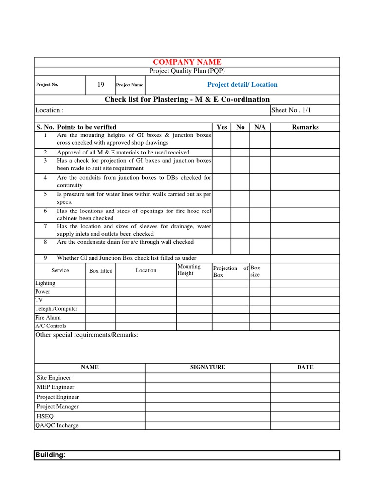 Check List For Plastering - M & E Co-Ordination: Company Name | PDF ...
