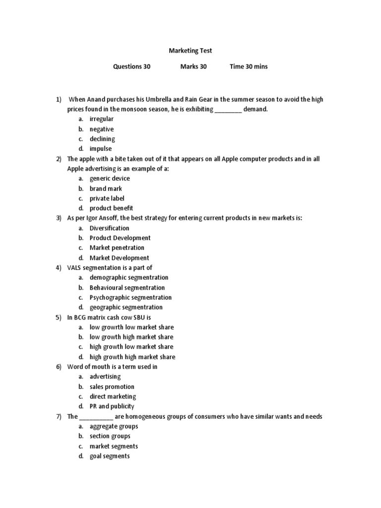 Marketing Test | PDF | Market Segmentation | Brand
