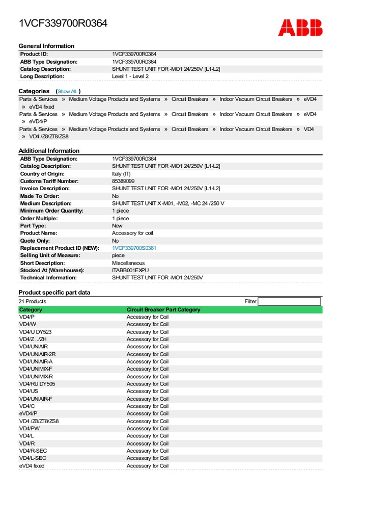 1VCF339700R0364 Shunt Test Unit For Mo1 24 250v l1 l2 | PDF | Electric ...