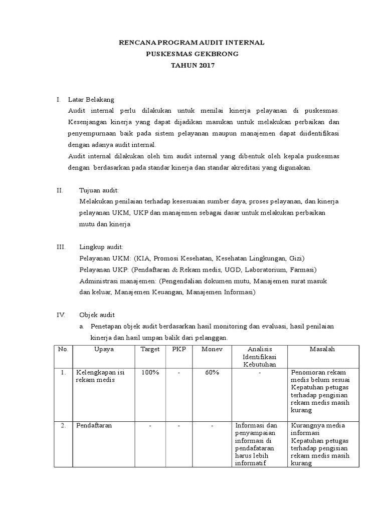 Contoh Rencana Audit Internal Puskesmas Edit (Repaired) | PDF