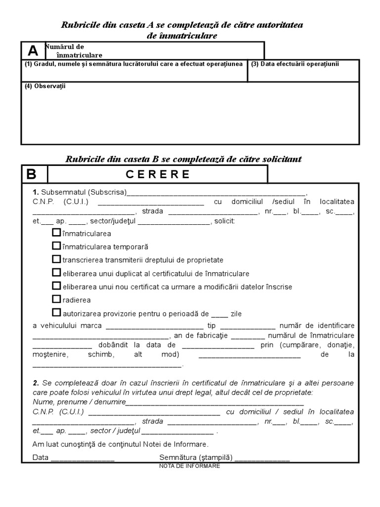 CERERE Inmatriculare Transcriere Duplicat Certificat Inmatriculare Radiere Autorizare Provizorie ...