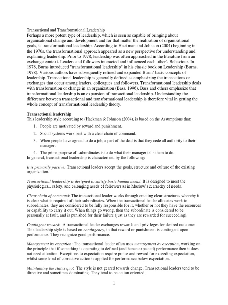 Transactional vs. Transformational Leadership | PDF | Transformational ...