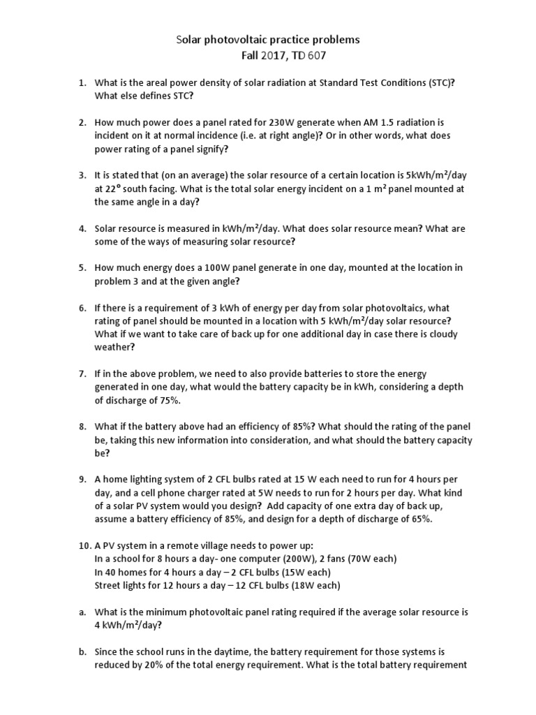 Solar PV Practice Problems Guide | PDF | Photovoltaics | Photovoltaic ...