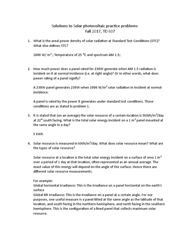 Practice Problems Solar PV Solutions | PDF | Kilowatt Hour | Photovoltaics