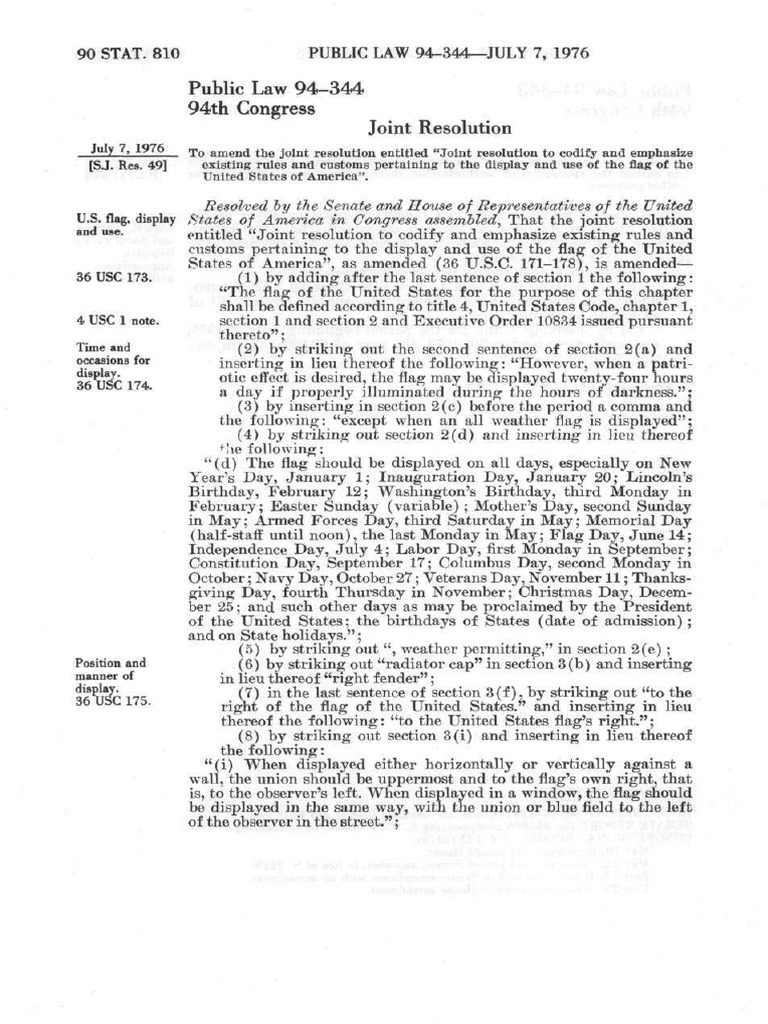 Public Law 94-344 Re Rules and Customs For Display and Use of US Flag ...
