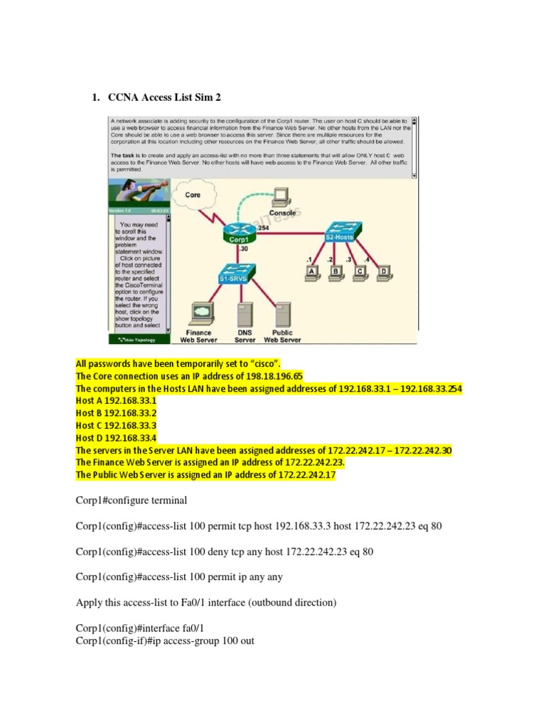 CCNA Access List Sim 2 | PDF | Router (Computing) | Internet Protocols