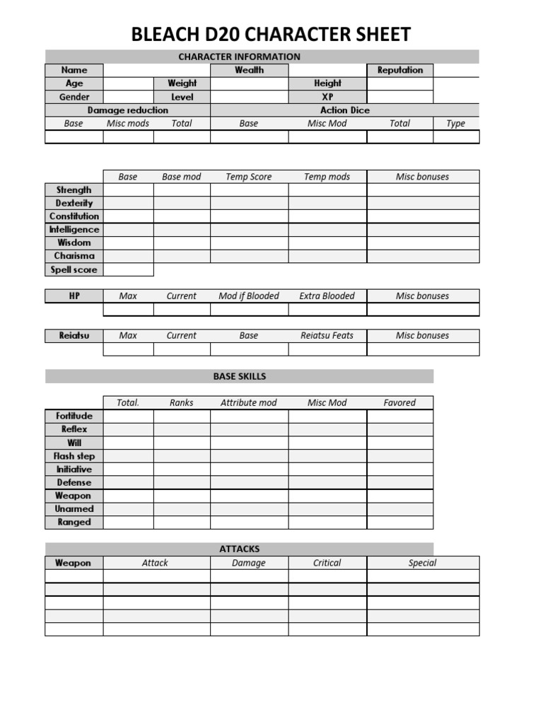 Bleach D20 Printer Sheet V1.3 | PDF | Tabletop Games | Gaming