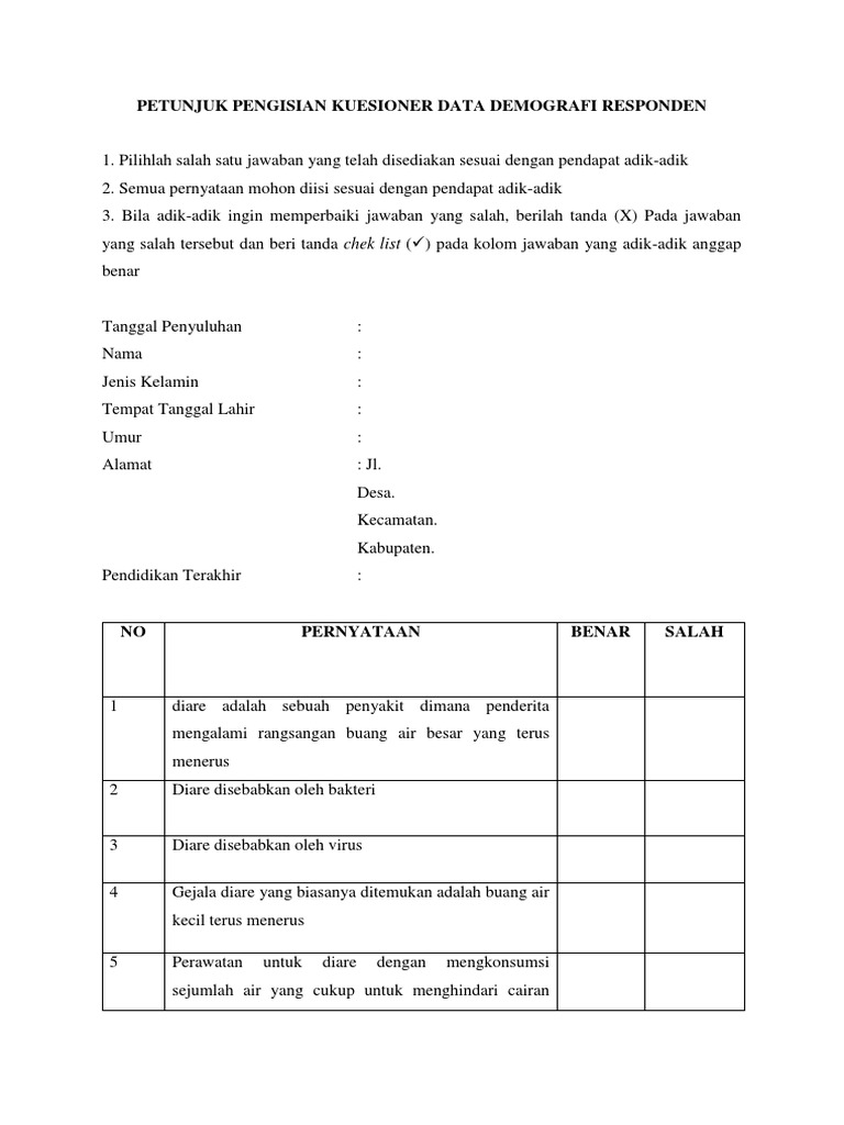 Petunjuk Pengisian Kuesioner Data Demografi Responden | PDF
