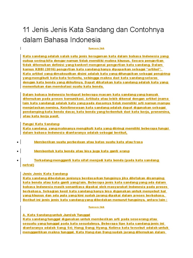 11 Jenis Jenis Kata Sandang Dan Contohnya Dalam Bahasa Indonesia | PDF