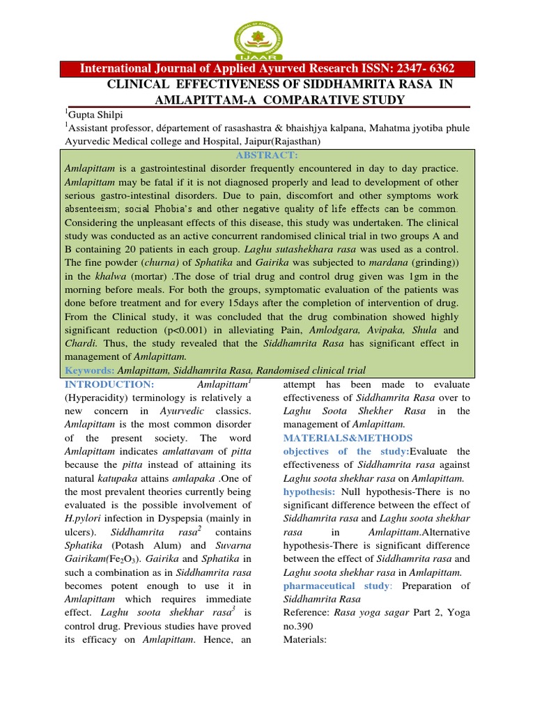Siddhamruta Rasa in Amlapitta | PDF | Ayurveda | Clinical Trial