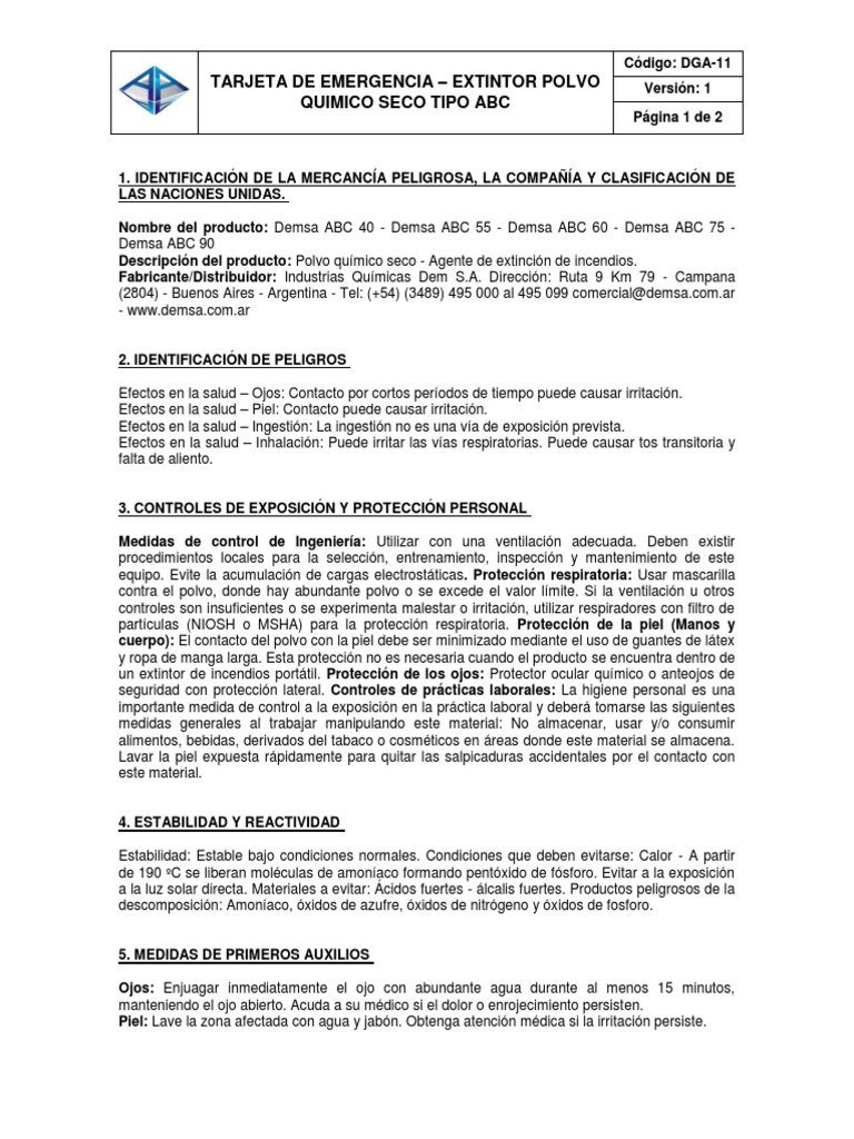 DGA-11 Tarjeta de Emergencia - Extintor | PDF | Amoníaco | Agua