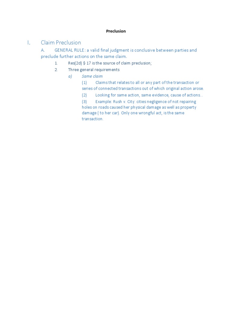 I. Claim Preclusion | PDF | Collateral Estoppel | Res Judicata