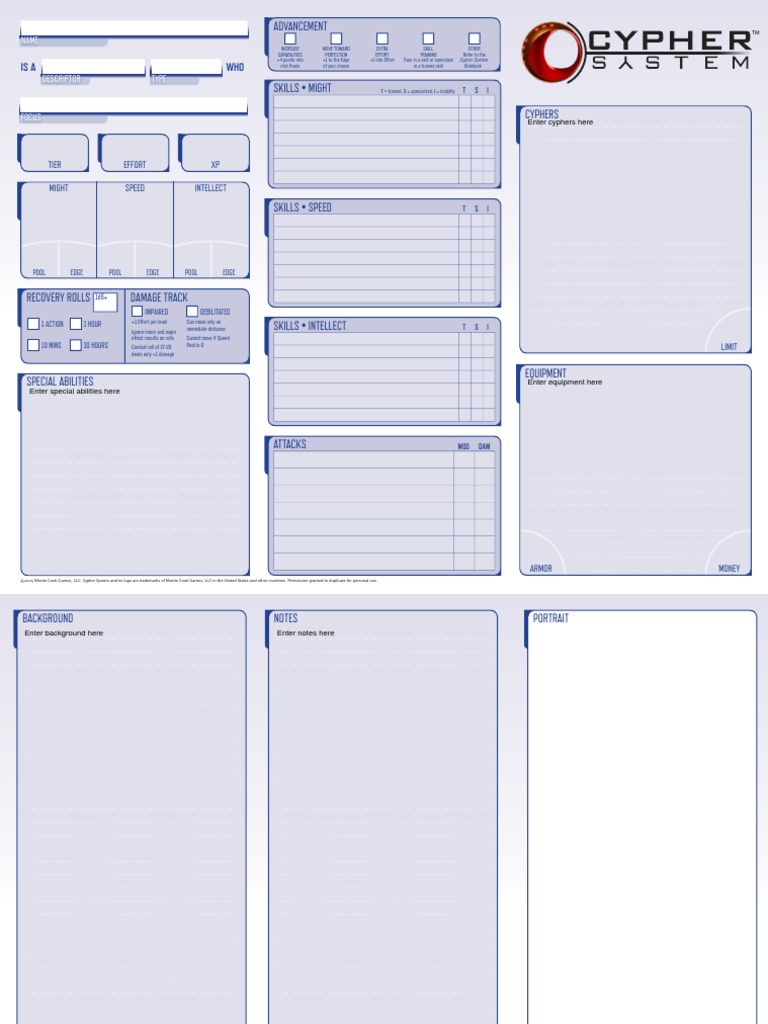 Cypher System Character Sheets-FormFillable | PDF | Role Playing Games | Gaming