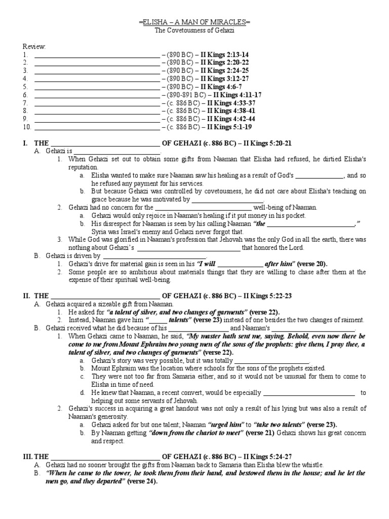Lesson 13 The Covetousness of Gehazi Handout | PDF | Religious ...