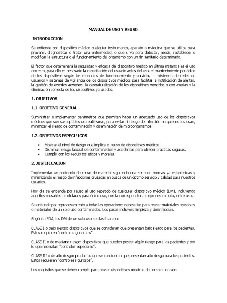 Manual de Uso y Reuso | PDF | Esterilización (Microbiología) | Dispositivo médico