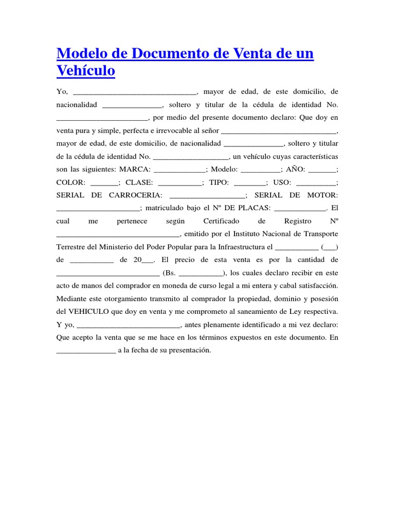Modelo de Documento de Venta de Un Vehículo | Propiedad | Gobierno