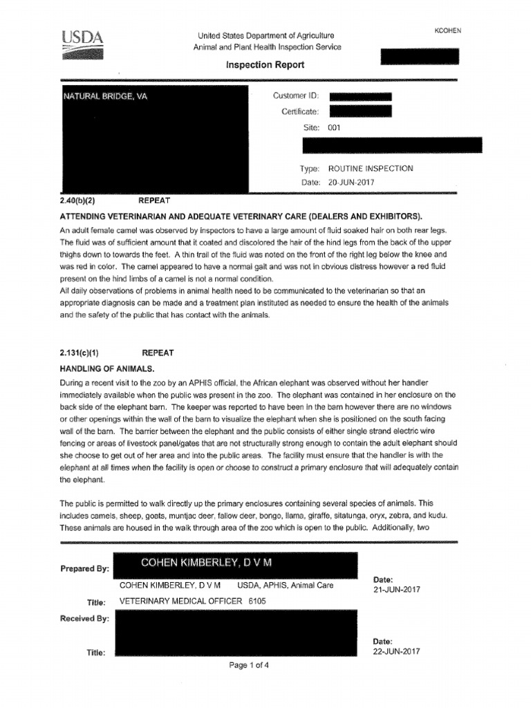 USDA Natural Bridge Zoo Inspection June 2017 | PDF