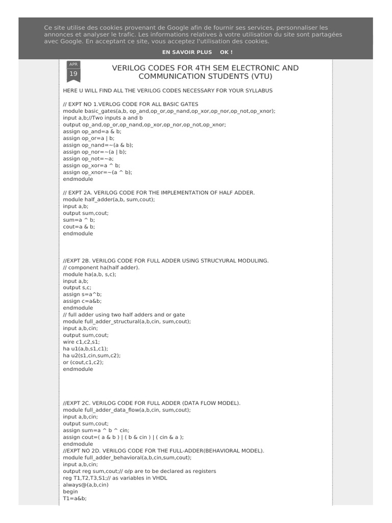 Verilog Codes For 4Th Sem Electronic and Communication Students (Vtu) | PDF