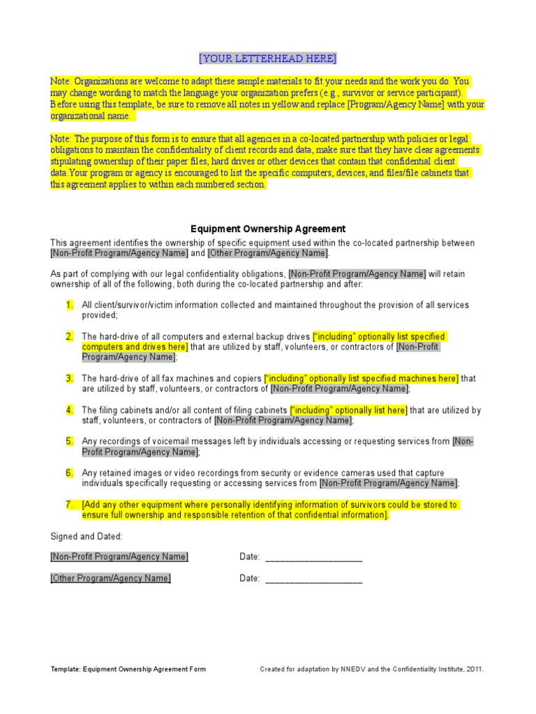 (Your Letterhead Here) : Equipment Ownership Agreement | PDF ...