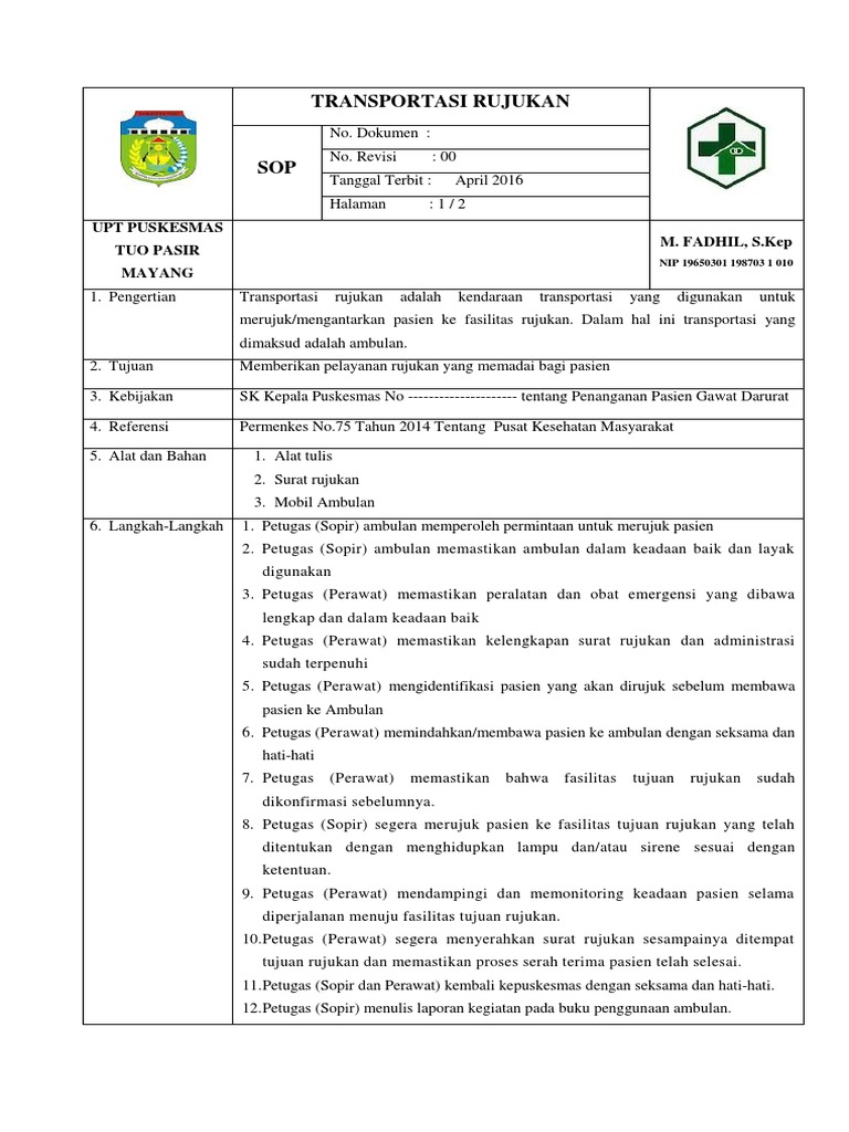 SOP Transportasi Rujukan TPM | PDF