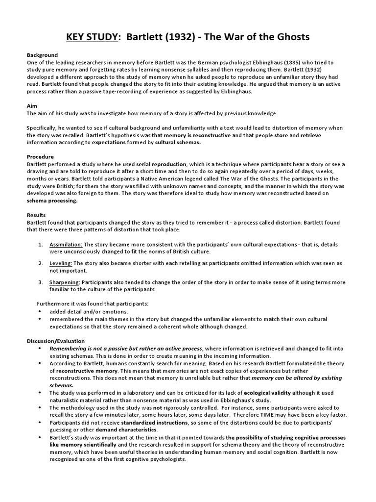 KEY STUDY - Bartlett 1932 - War of The Ghosts 4 | PDF | Schema (Psychology) | Memory