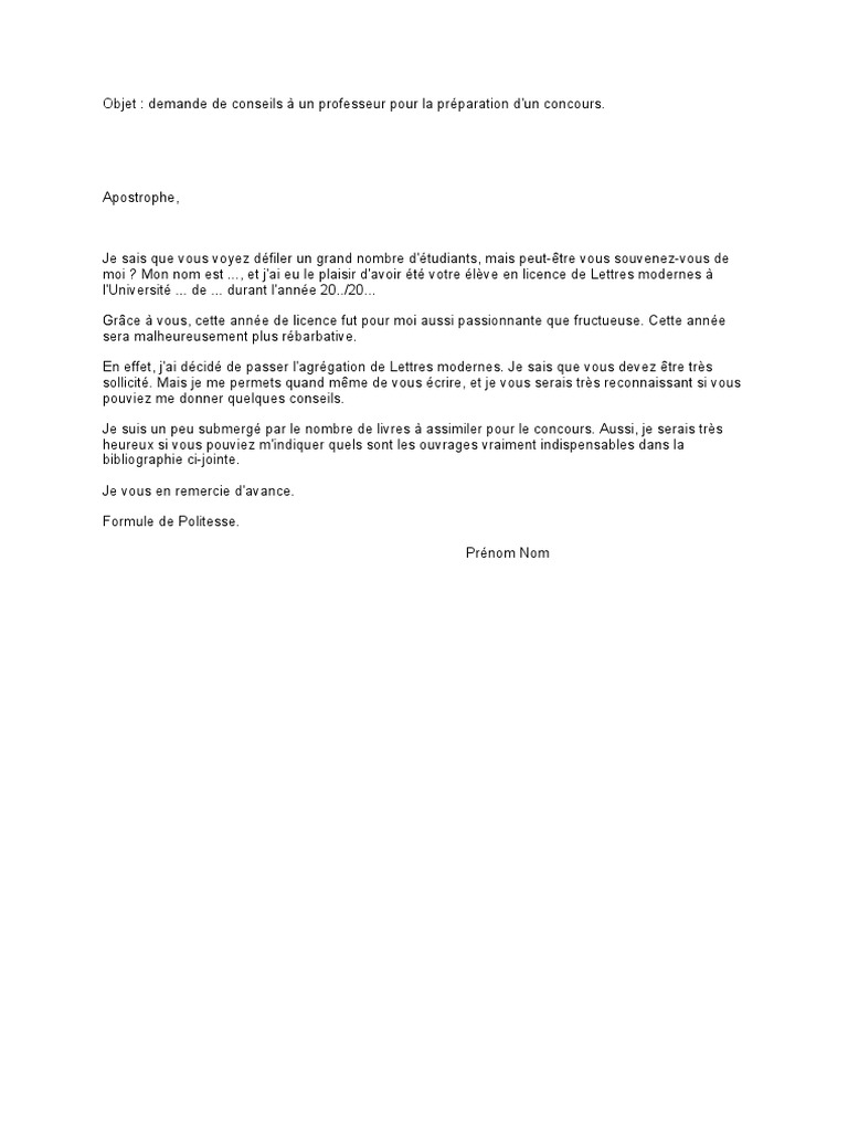 Demande de Conseils a Un Professeur