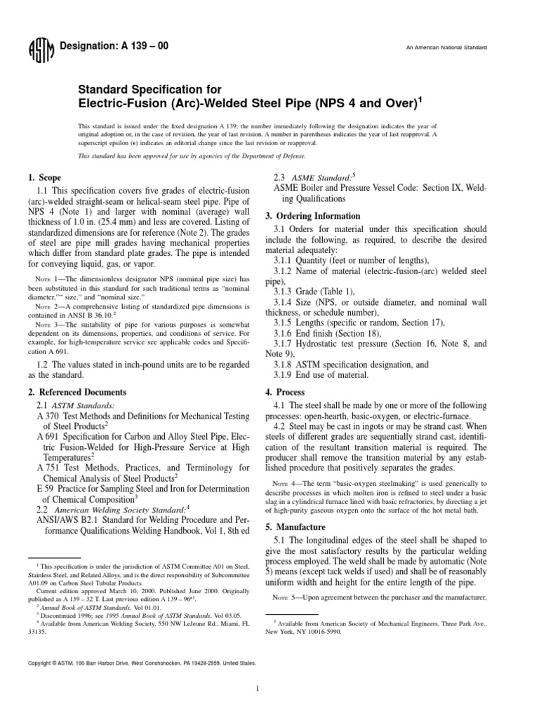 Astm A139 2000 | PDF | Pipe (Fluid Conveyance) | Welding