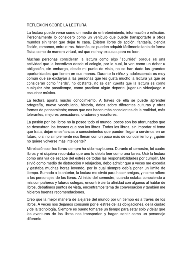 Reflexiones sobre la lectura y su impacto | PDF | Lectura (proceso ...