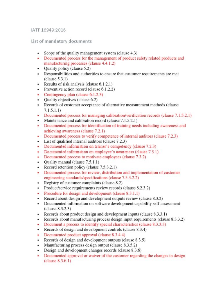 IATF 16949 List of Mandatory Documents | PDF | Software Development | Business