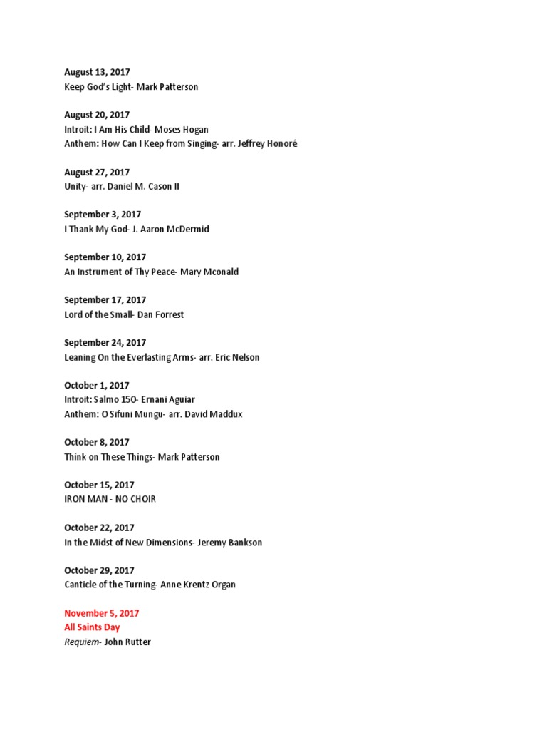 2017 Choir Music Schedule | PDF