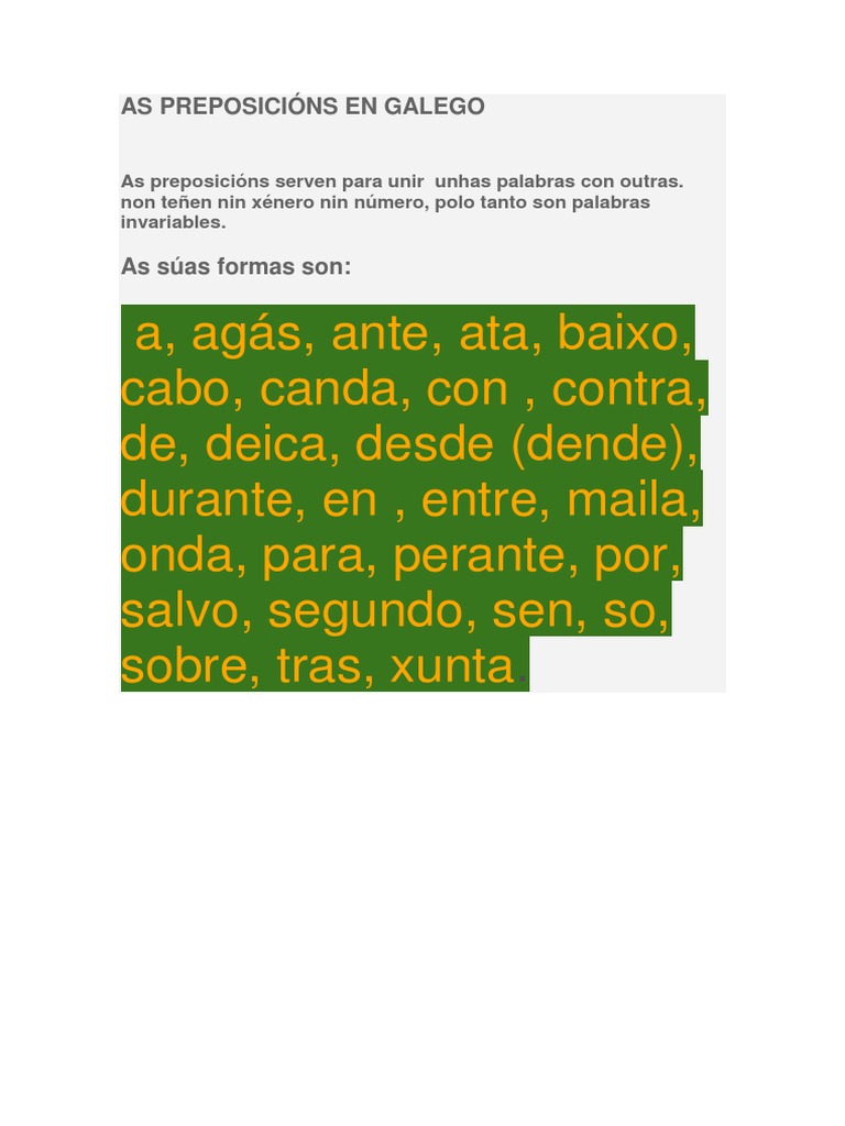 As Preposicións en Galego | PDF