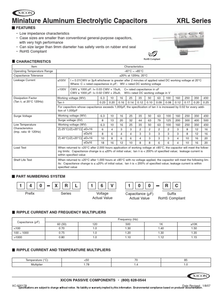 Specification Sheet for Miniature Aluminum Electrolytic Capacitors with ...