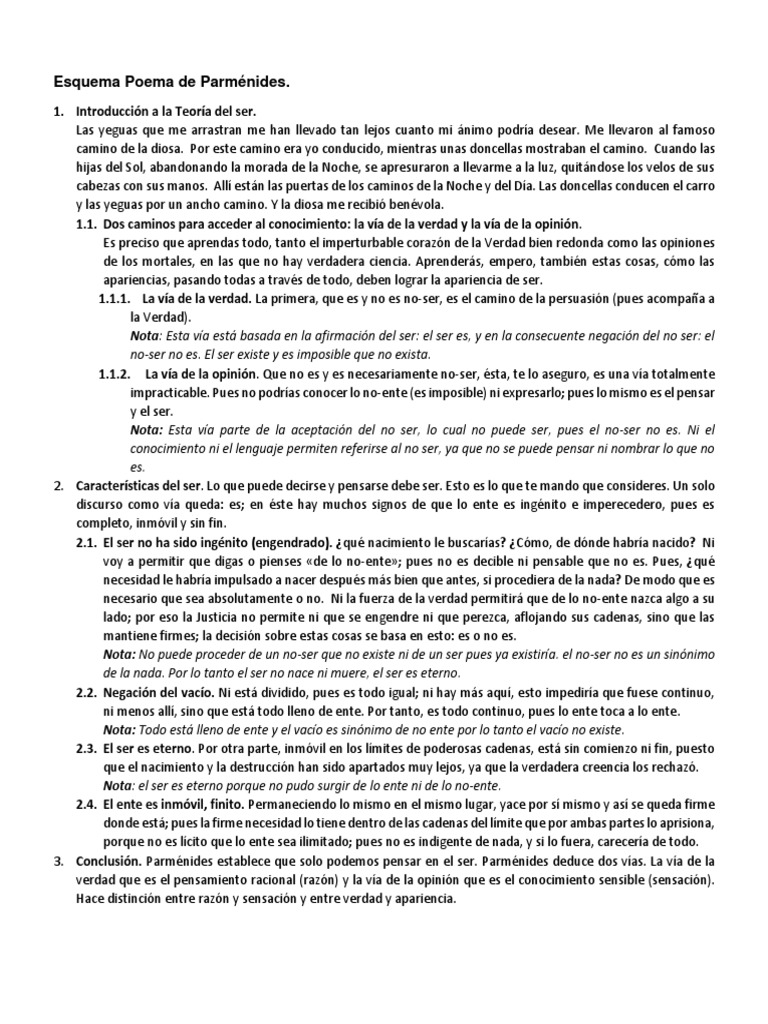 Esquema Poema de Parménides | PDF | Certeza | Verdad