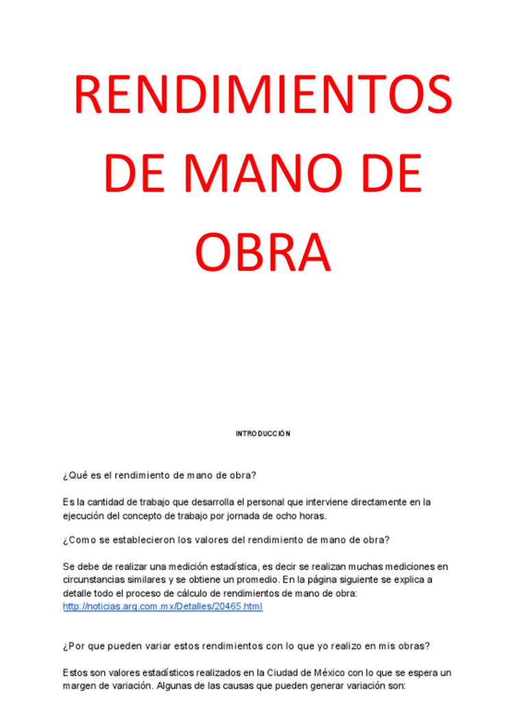00 Rendimientos de Mano de Obra PDF | PDF | Estadísticas | Medición