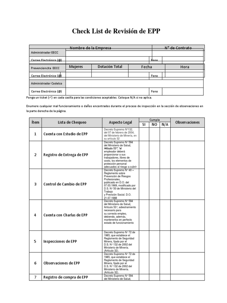Check List de Inspección de EPP (Administrativo)v.2 | Minería | Business