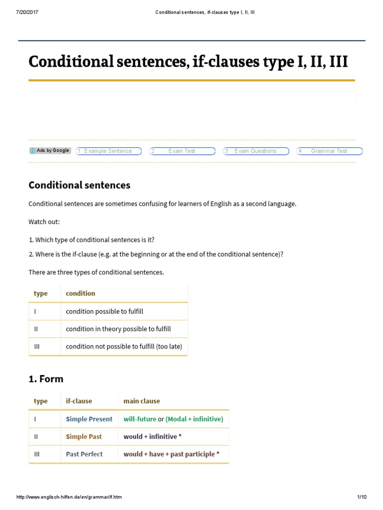 Conditional Sentences, If-Clauses Type I, II, III | PDF | English ...