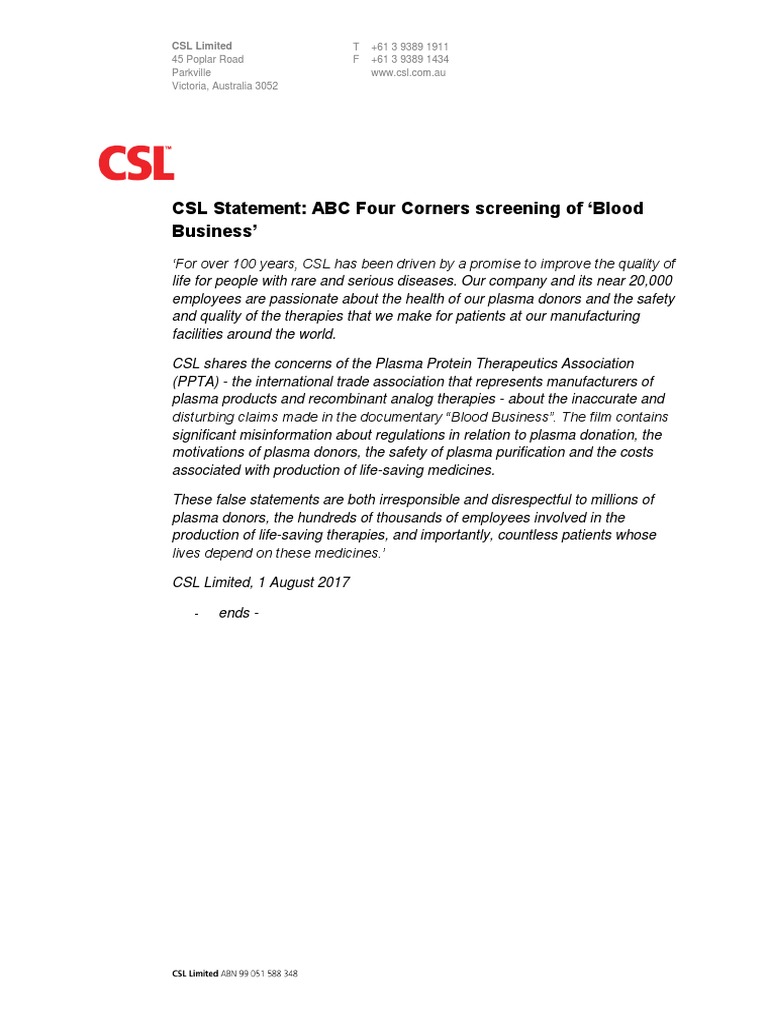 CSL Statement | PDF | Blood Donation | Blood Plasma