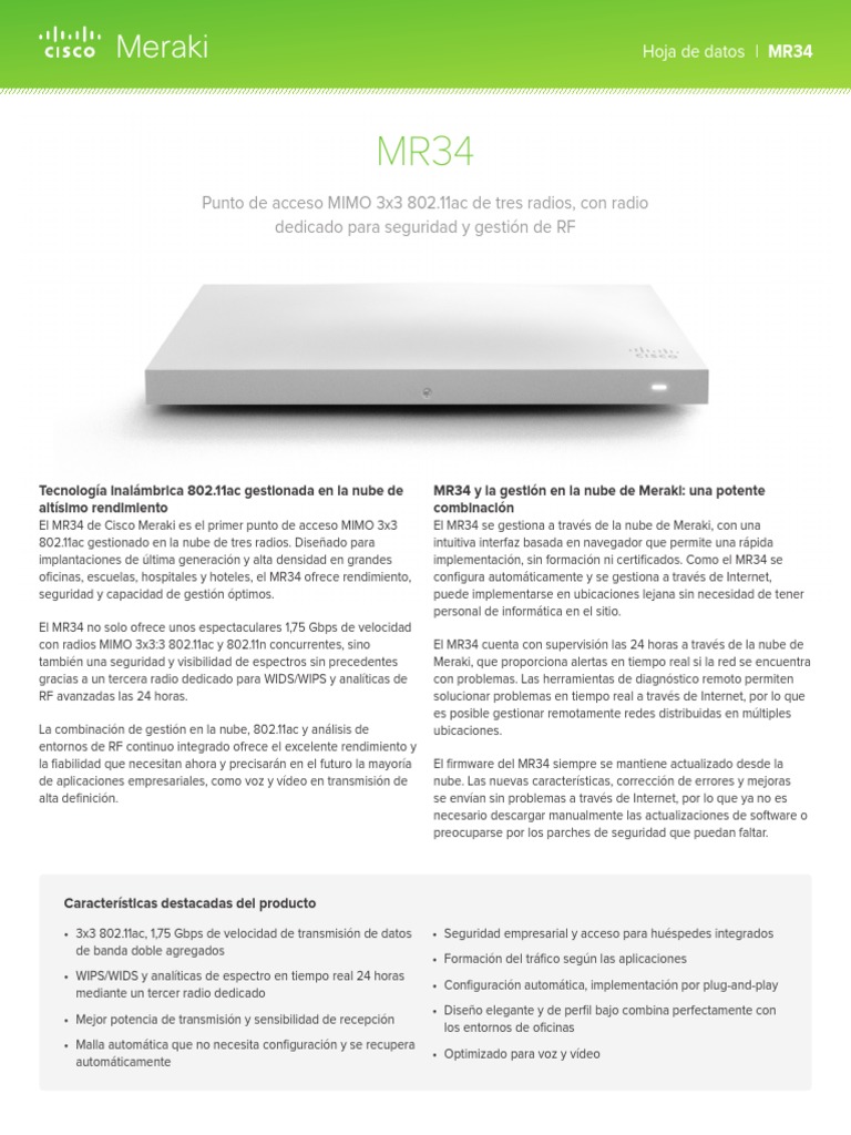 Meraki Datasheet MR34 Es | PDF | Ieee 802.11 | Punto de acceso inalámbrico