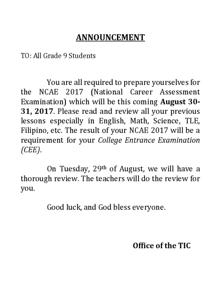 Announcement: TO: All Grade 9 Students | PDF